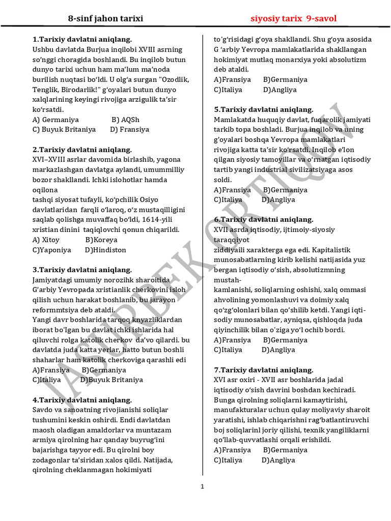8-Sinf Jahon Tarixi Tarixiy Davlatni Toping | PDF