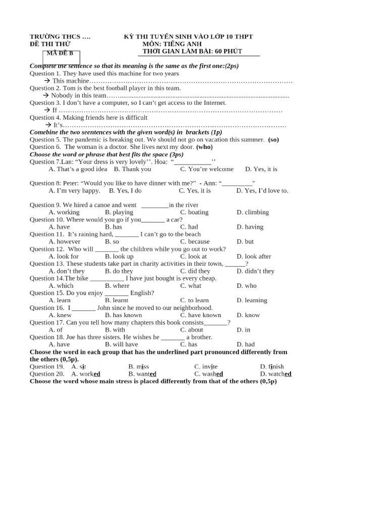 Giáo trình ôn luyện thi vào lớp 10 môn Anh năm học 2023 2024 DeTSThu ...