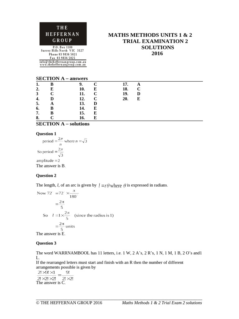 2016 Heffernan Maths Methods Units 1 & 2 Exam 2 Solutions | PDF ...