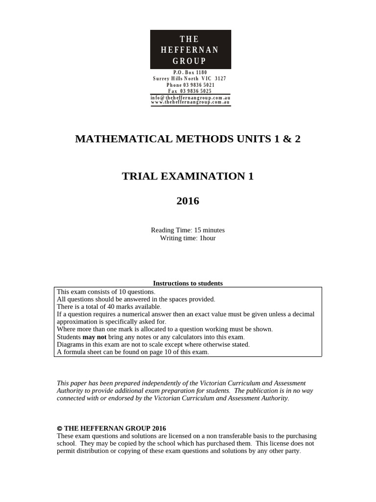 2016 Heffernan Maths Methods Units 1 & 2 Exam 1 | PDF | Mathematics | Area