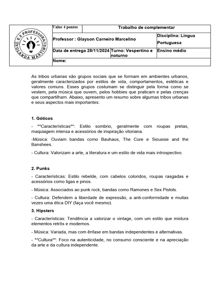 Atividade Complementar 1 Ano | PDF