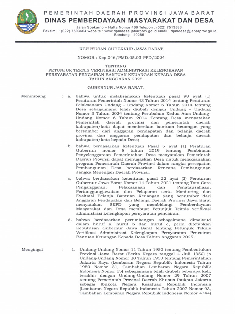 Kepgub 046-2024 Tentang Juknis Bankeu 2025 | PDF