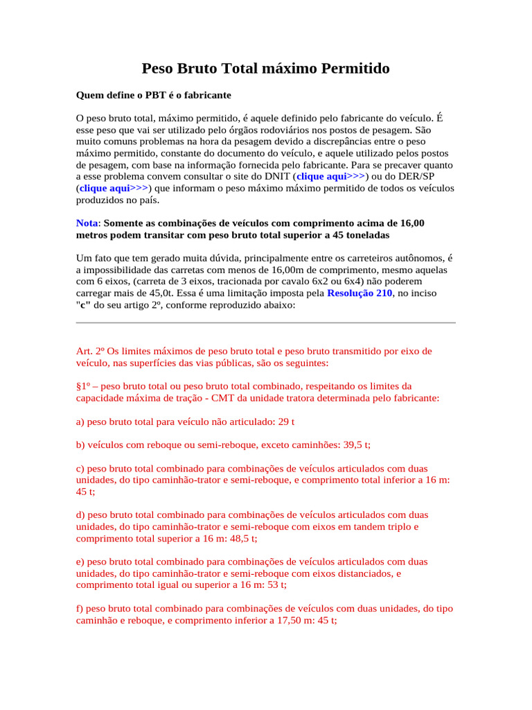 Peso Bruto Total Máximo Permitido | PDF | Eixo | Veículos