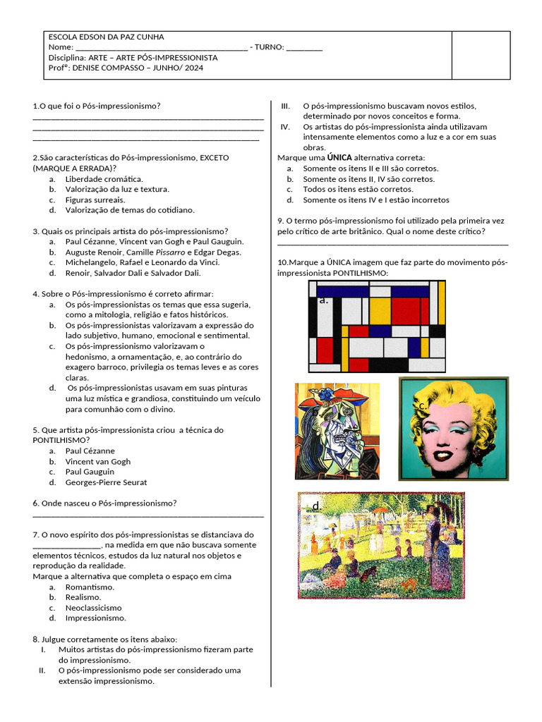 Prova Arte 3º Pós-Impressionismo | PDF | Impressionismo | Vincent Van Gogh