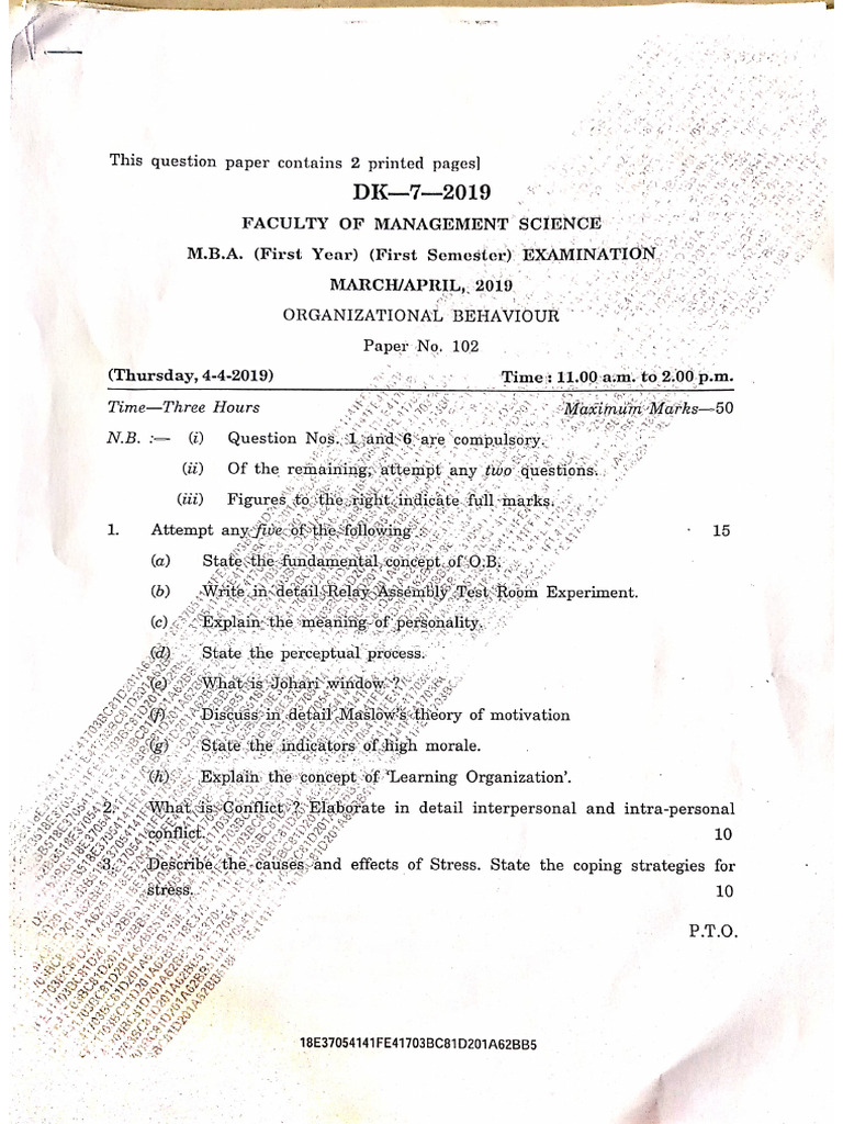 Organizational Behaviour Que Papers | PDF
