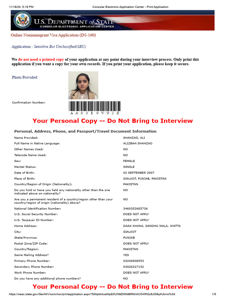 DS-160: Nonimmigrant Visa Application | PDF | Travel Visa | Fingerprint