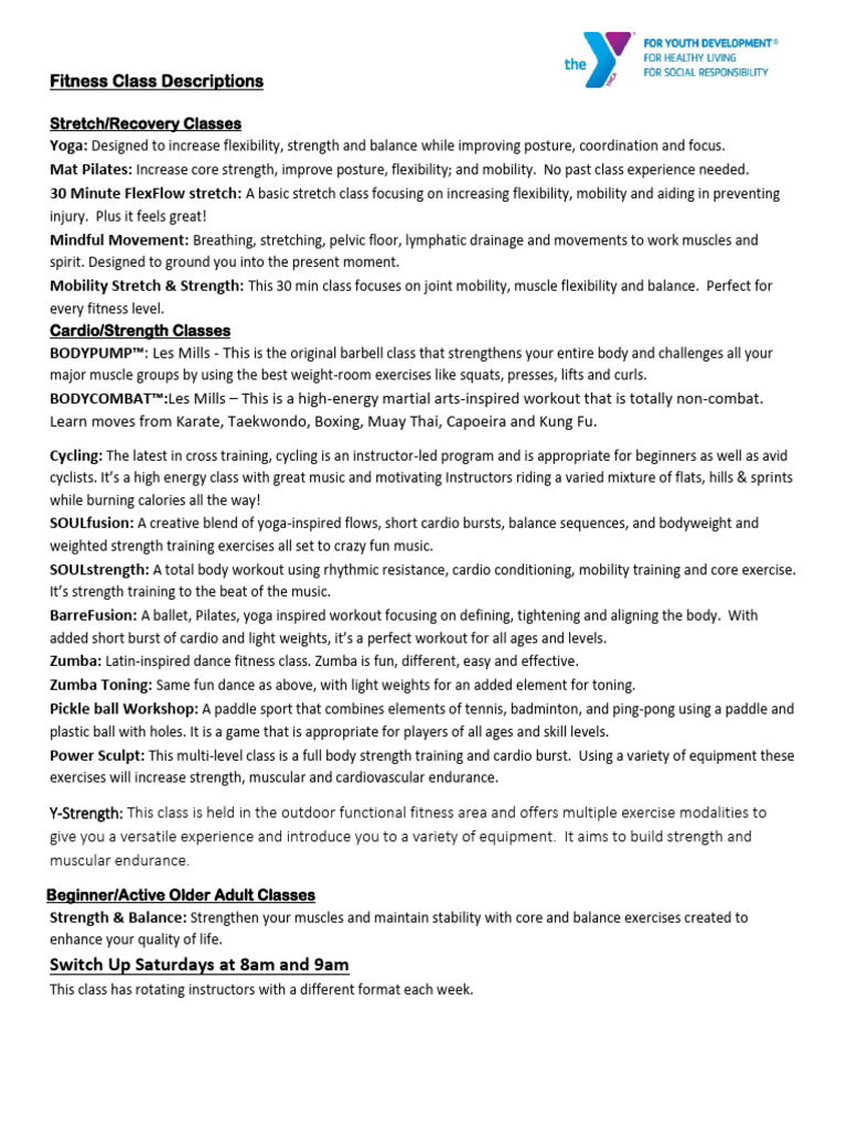 Fitness Class Descriptions | PDF | Strength Training | Pilates