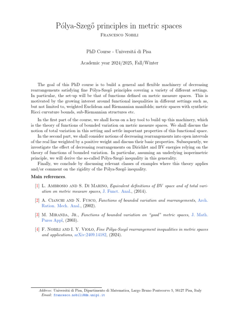 LectureNotes_PhDCourseUniPi_PolyaSzego | PDF | Measure (Mathematics ...
