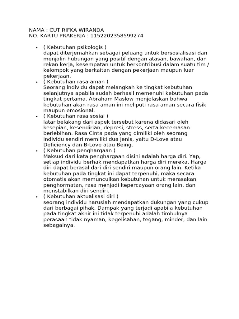 Tugas Mengidentifikasi Kebutuhan Karyawan Berdasarkan Teori Maslow (Cut Rifka Wiranda) Salinan | PDF