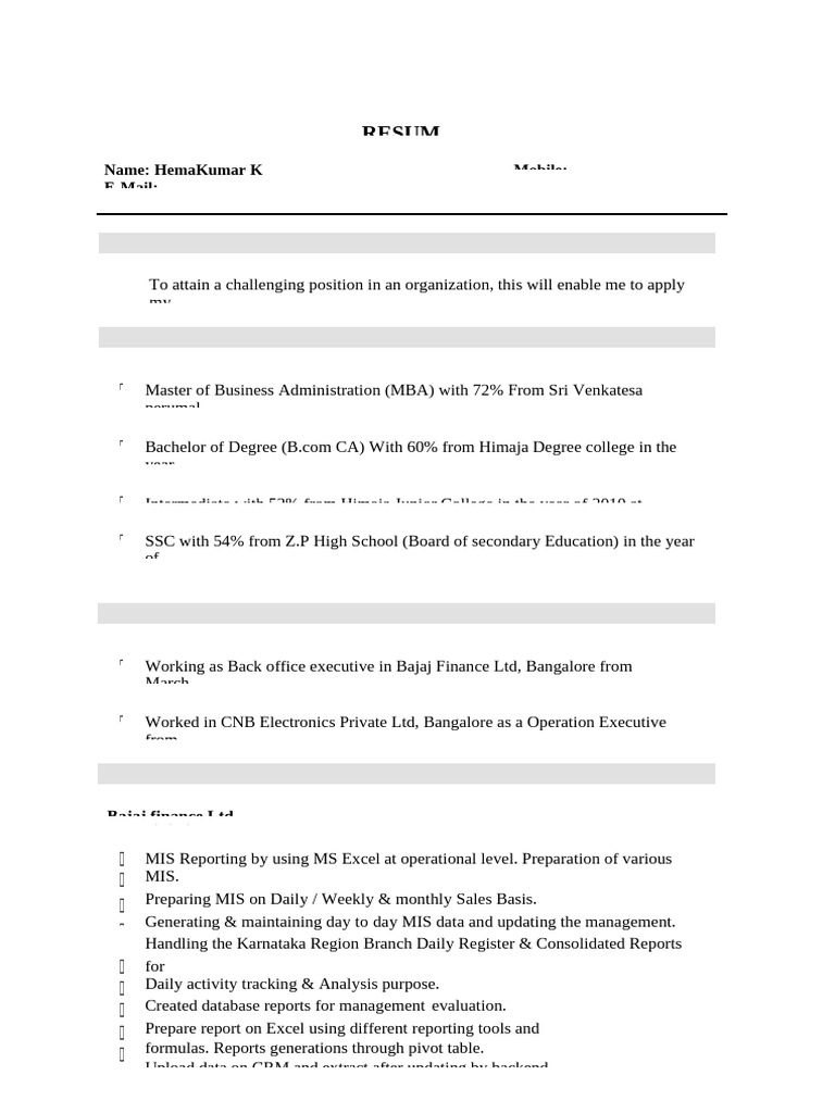 HemaKumar K - MBA Resume & Skills | PDF | Microsoft Excel | Computing