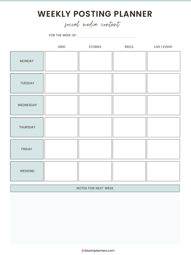 Weekly Social Media Content Planner | PDF