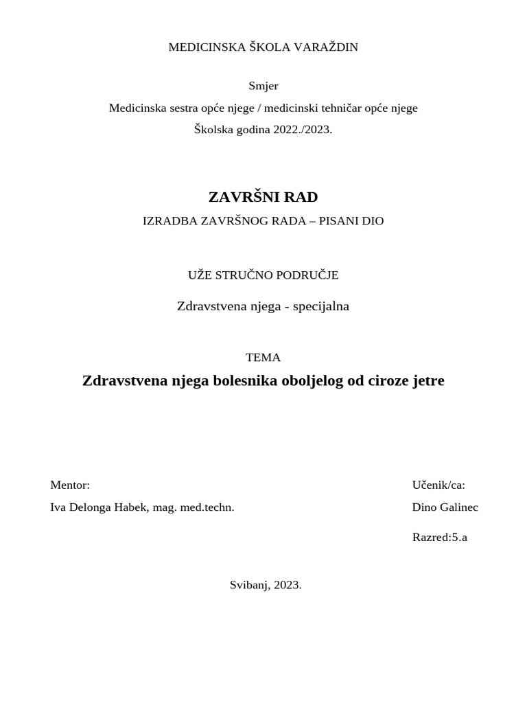 Zdravstvena Njega Bolesnika Oboljelog Od Ciroze Jetre - Finalna Verzija ...