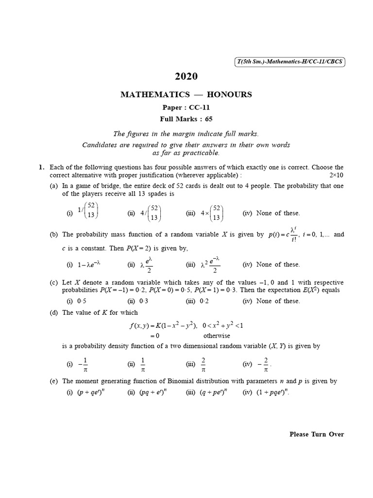CU-2020_B.A._B.Sc._(Honours)_Mathematics_Semester-V_Paper-CC-11_QP | PDF | Random Variable ...