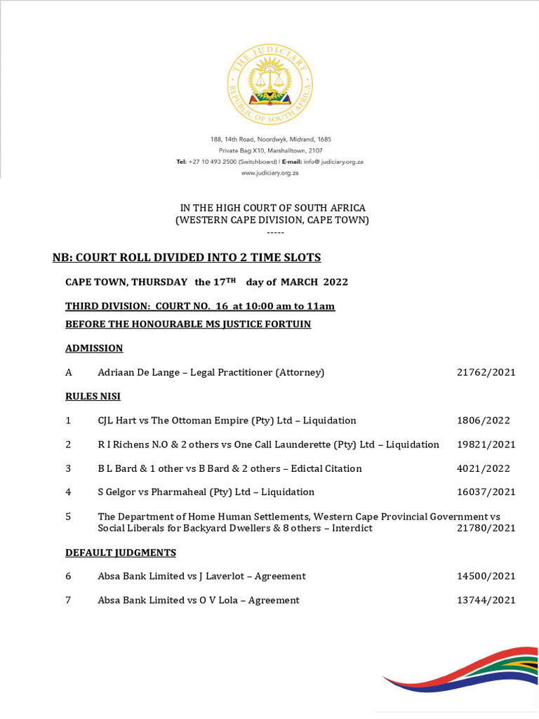 17 March 2022 - Unopposed Daily Court Roll | PDF | Common Law | Public Law