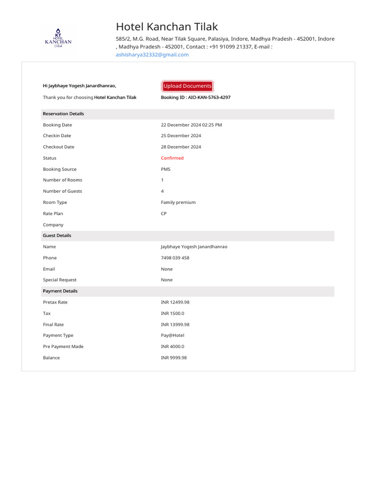 Hotel Kanchan Tilak Booking Confirmation | PDF