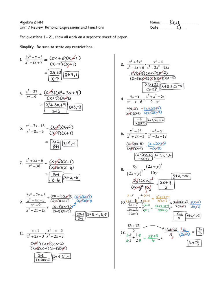 Unit 7 Review Rational Expressions KEY | PDF | Volt | Electrical Resistance And Conductance