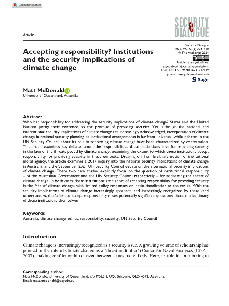 Mcdonald 2024 Accepting Responsibility Institutions and The Security Implications of Climate ...