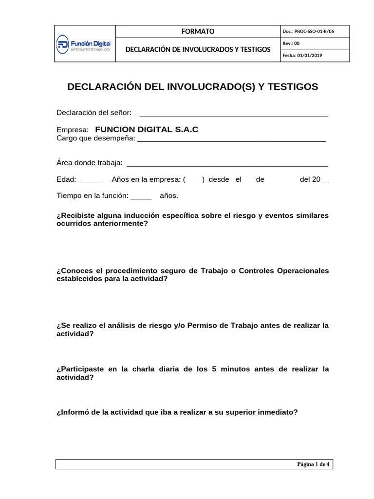 PROC-SSO-01 - R06 Formato de Declaración-Rev00 - (FD) | PDF