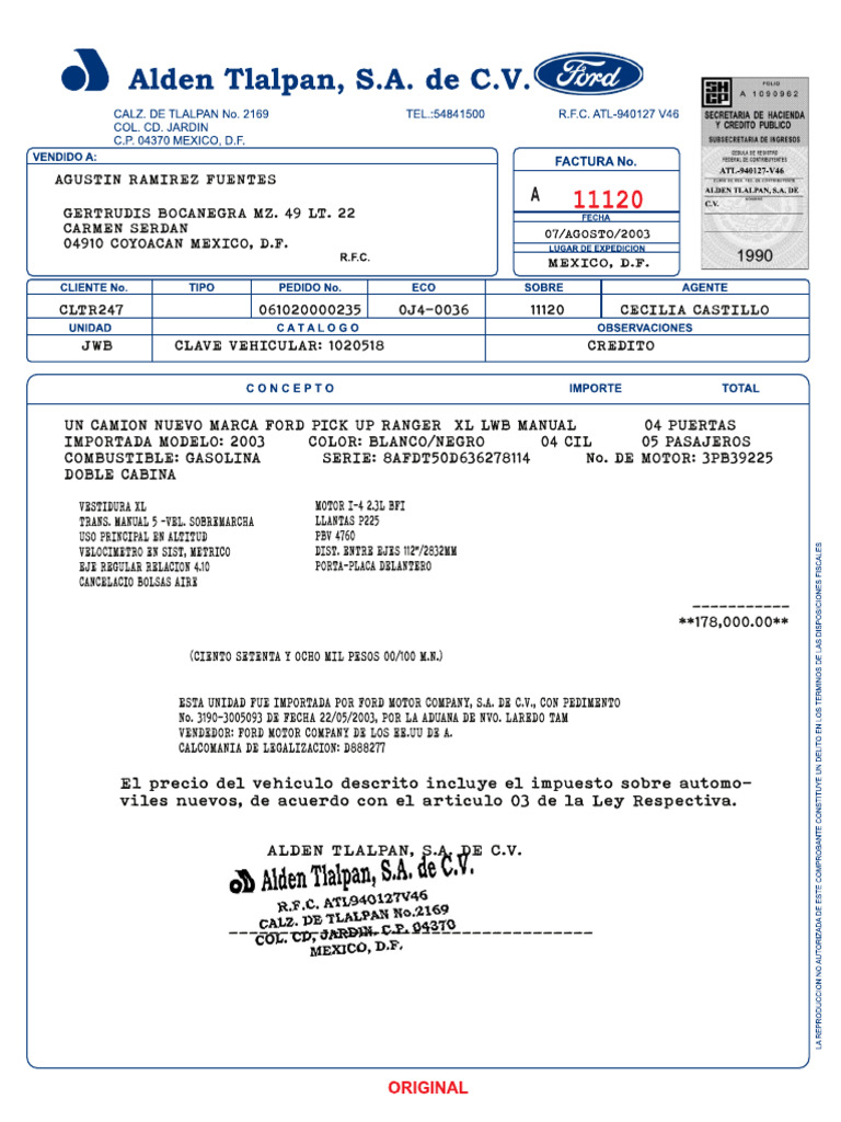 Fatura Original Ford Alden Tlalpan | PDF
