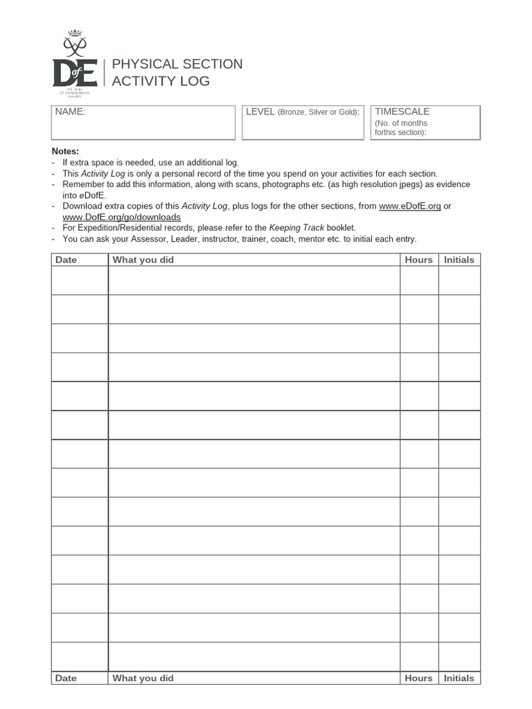 DofE Activity Log Template | PDF