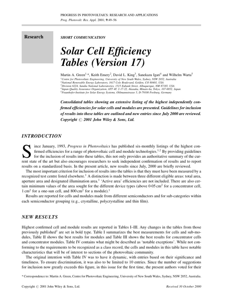 Solar Cell Efficiency2001 | PDF | Solar Cell | Wafer (Electronics)