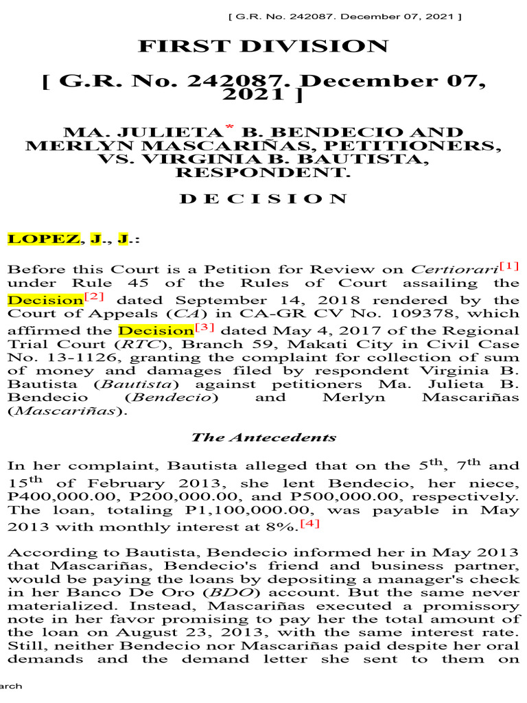 Bendecio Et Al Vs Mascariñas | PDF | Interest | Damages