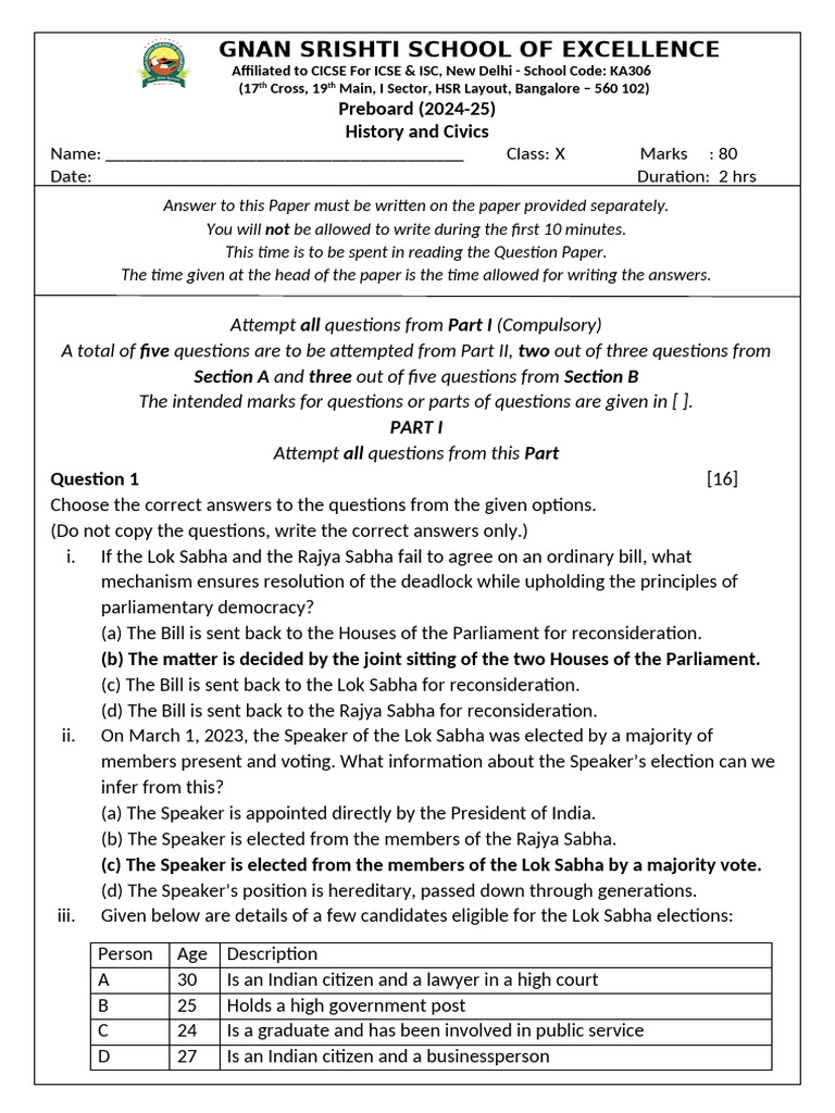 Grade X - Model Paper (2024 - 25) - Answer Key | PDF | Partition Of ...