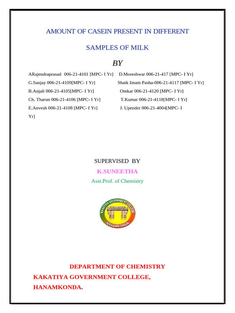 Casein Content in Various Milk Samples | PDF | Milk | Chemistry