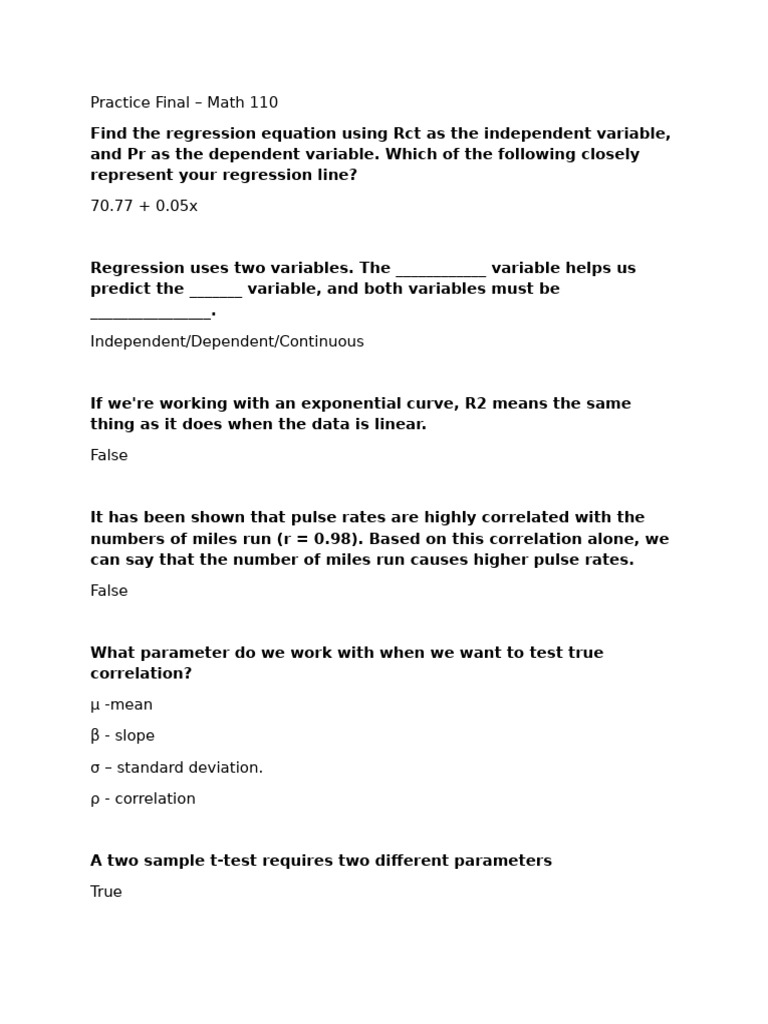 Practice_Final___Math_110.docx | PDF | P Value | Errors And Residuals