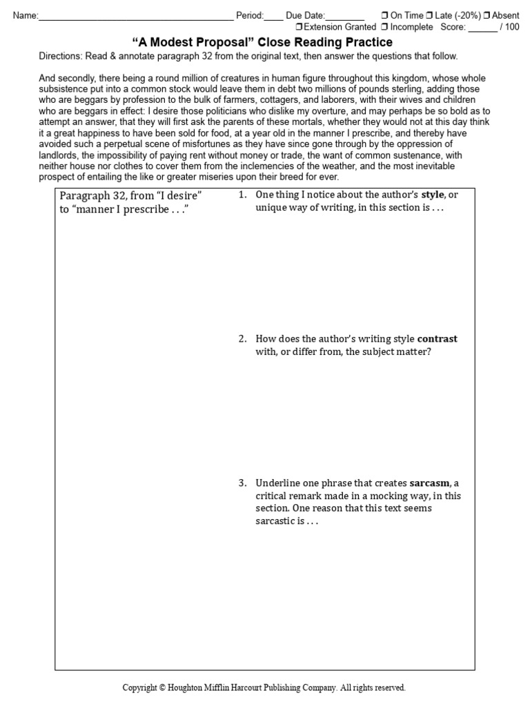 A Modest Proposal Close Reading Practice | PDF