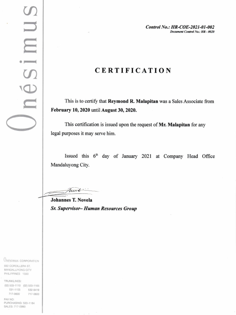 COE - CERTIFICATE OF EMPLOYMENT | PDF