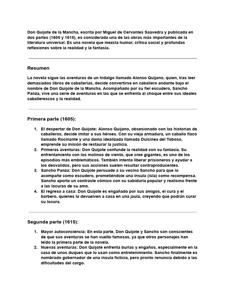 Don Quijote: Resumen y Temas Clave | PDF | Don Quijote