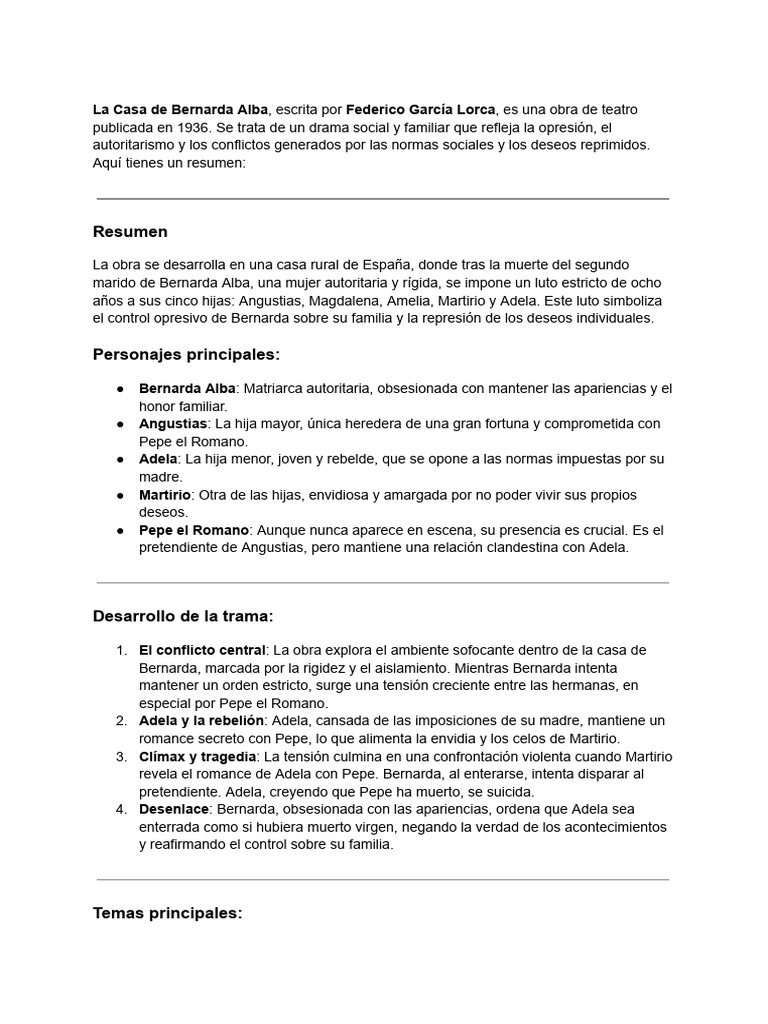 Resumen_ La casa de Bernarda Alba | PDF