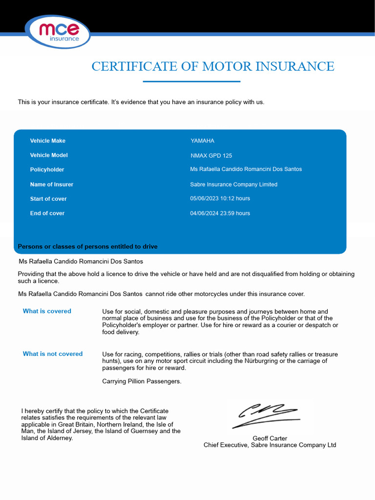 Motor Insurance Certificate Overview | PDF | Vehicle Insurance | Transport