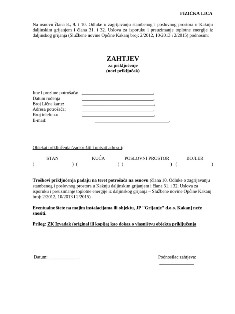 Zahtjev Za Prikljuä Enje - Fiziä Ko Lice | PDF