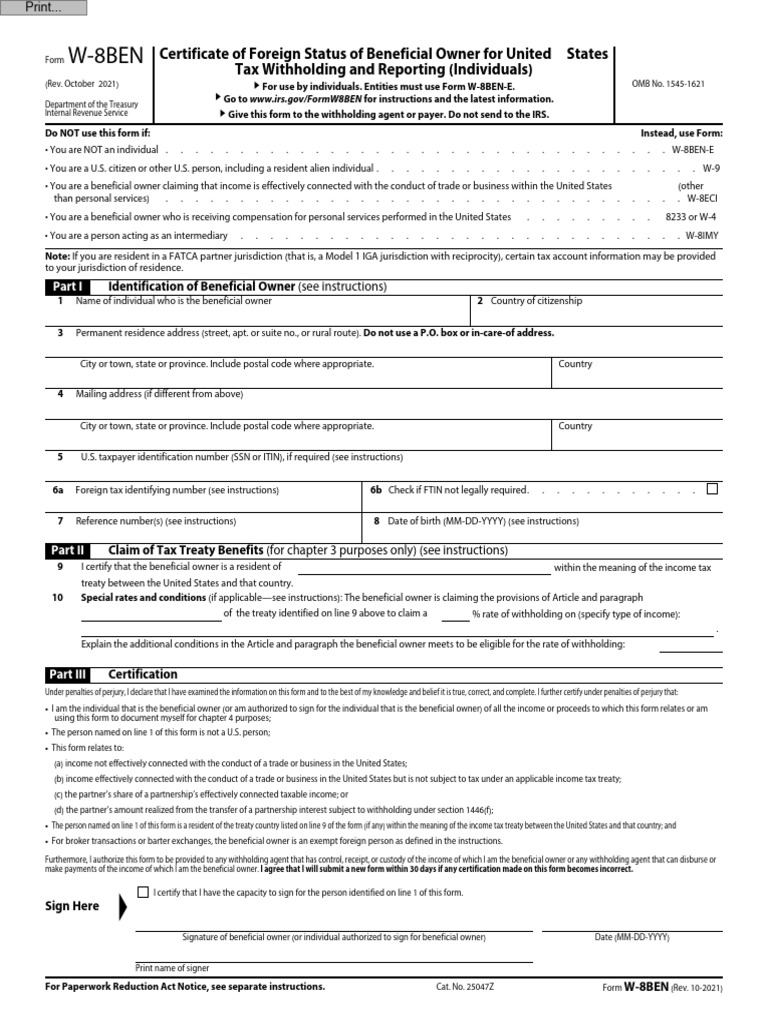 W-8BEN Form | PDF | Taxes | Government Finances