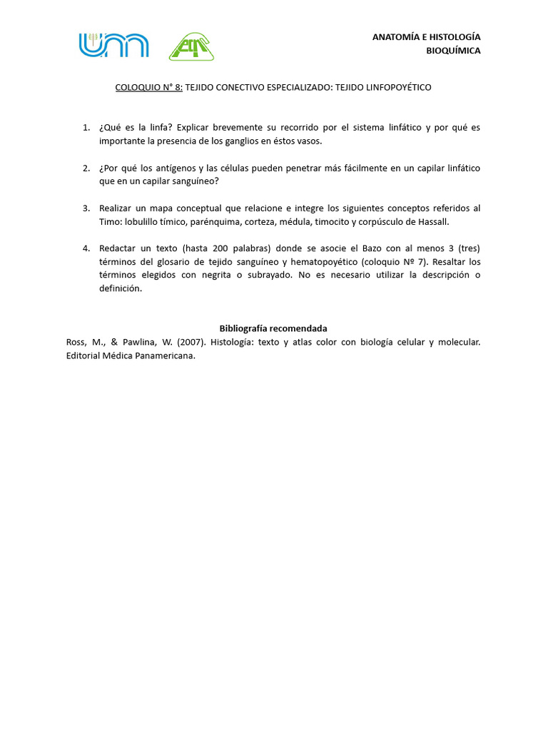 Coloquio N°8 - Tejido Conectivo Especializado-Linfopoyético | PDF