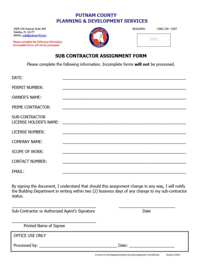 Putnam County Subcontractor Assignment Form | PDF