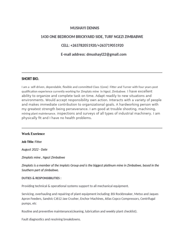 Fitter and Turner Resume - Zimbabwe | PDF | Mechanical Engineering