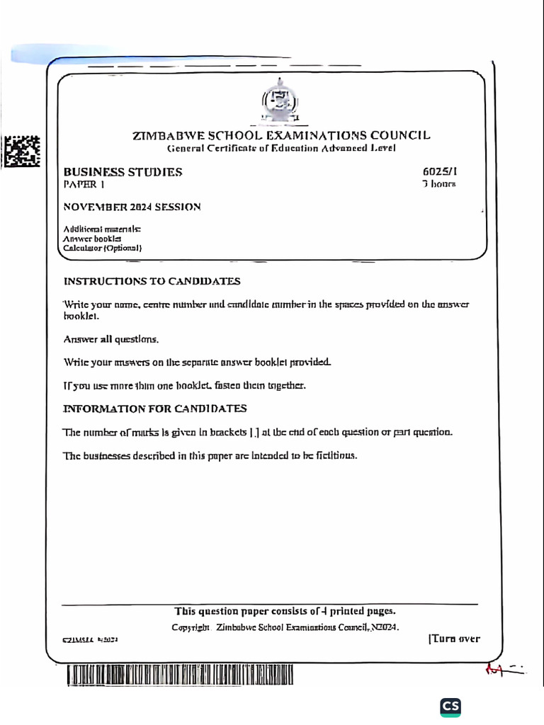 Business Studies N2024 Paper 01 | PDF