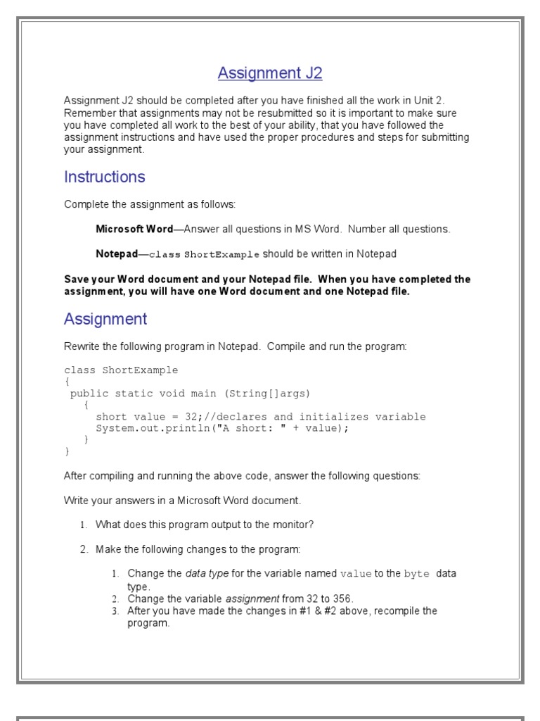 Java Assignment J2 | Download Free PDF | Data Type | String (Computer ...