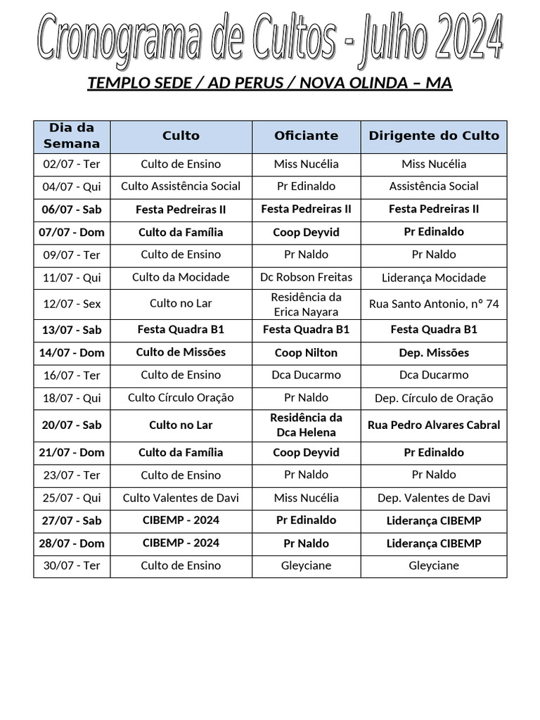 07 Cronograma de Cultos - Julho - 2024 | PDF