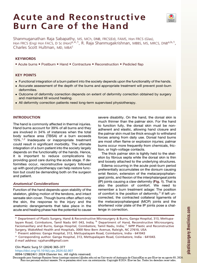Acute and Reconstructive Burn Care of The Hand | PDF | Burn | Clinical ...