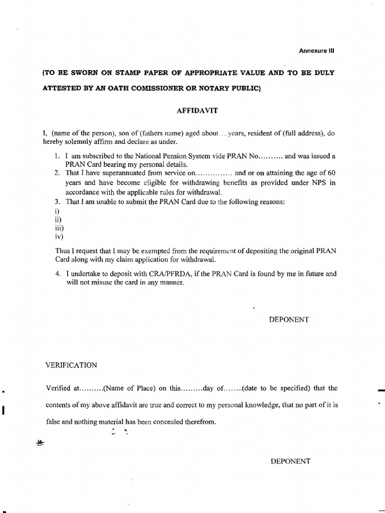 Affidavit For Non Submisstion of PRAN Card - Subscriber | PDF