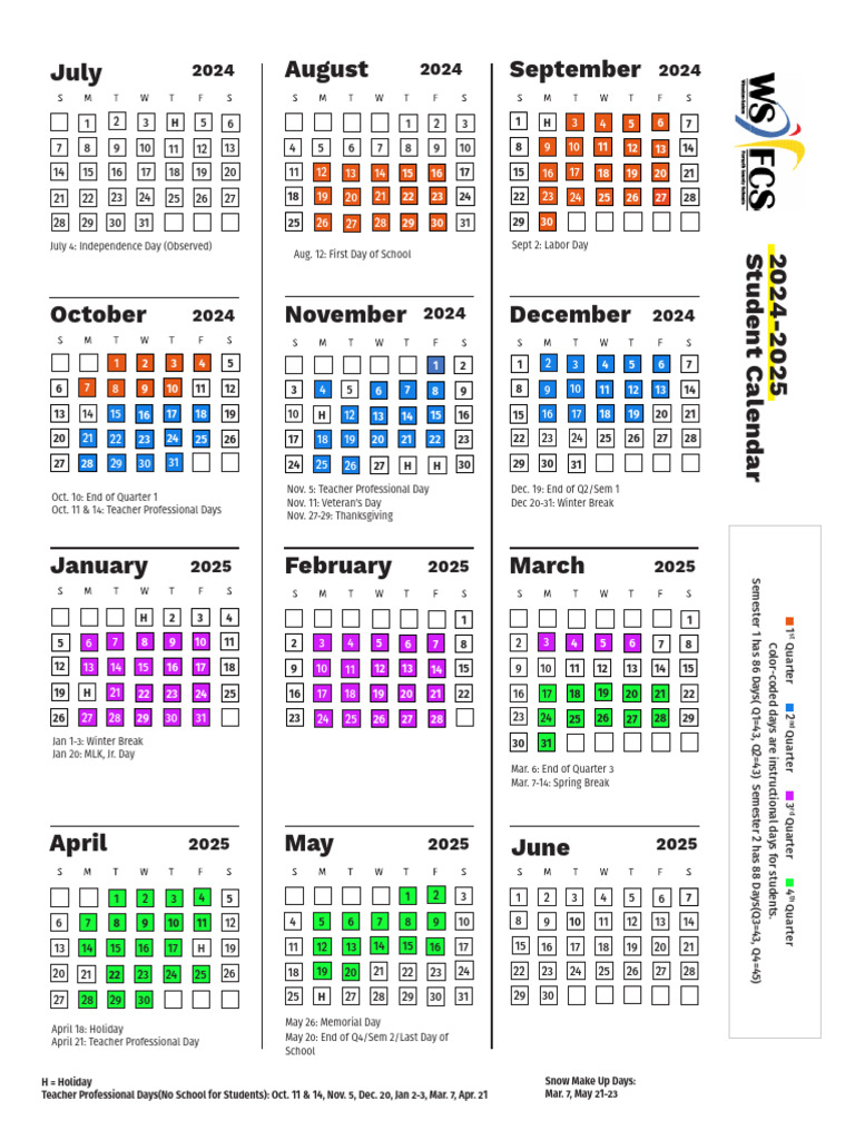 Student Calendar for 2024-25 VC2 | PDF