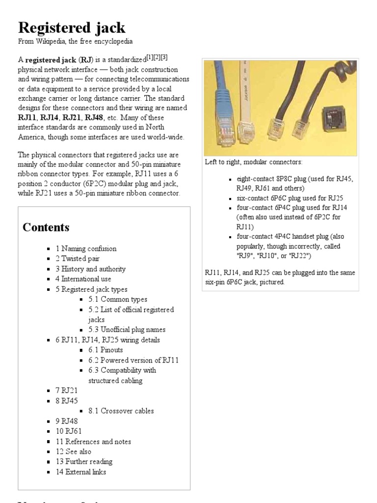 Registered Jack - Wikipedia, The Free Encyclopedia | PDF | Electrical ...