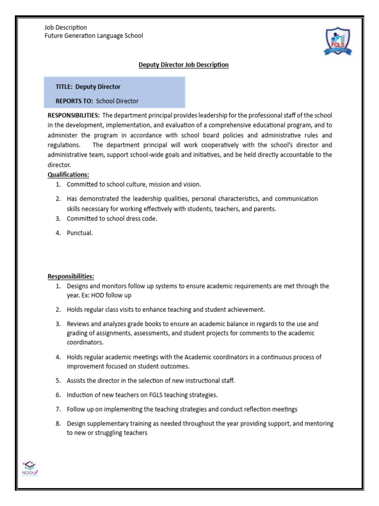 Deputy Director Job Description | PDF | Teachers | Lesson Plan