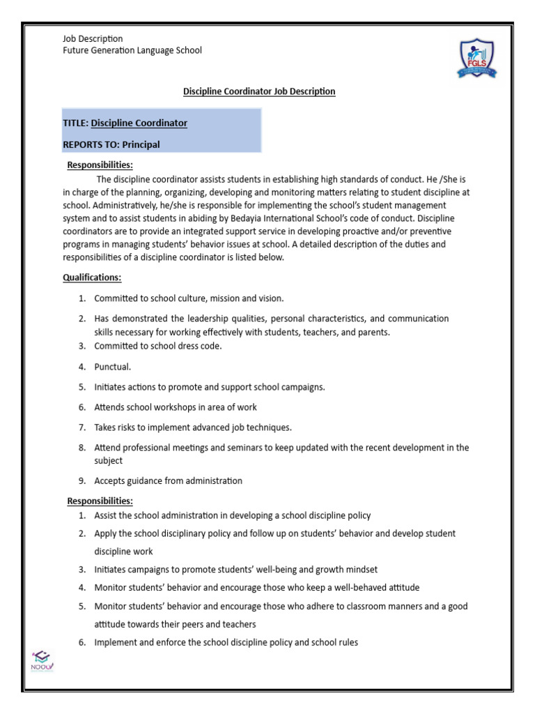 Discipline Coordinator Job Description | PDF | Disciplines | Teachers