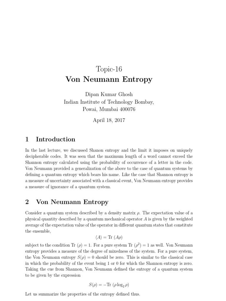 Von Neumann Entropy | PDF | Entropy | Quantum Mechanics