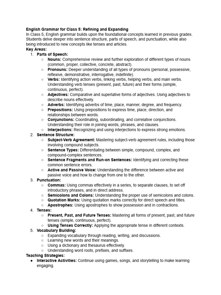Class 5 English Grammar Overview | PDF | English Grammar | Verb